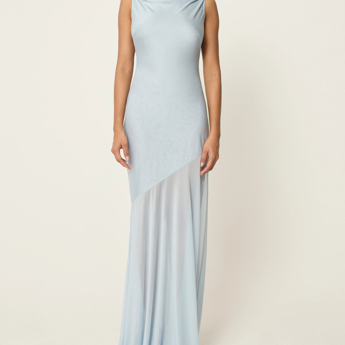 Sheer Draped Long Dress | Lt Blue – Khy